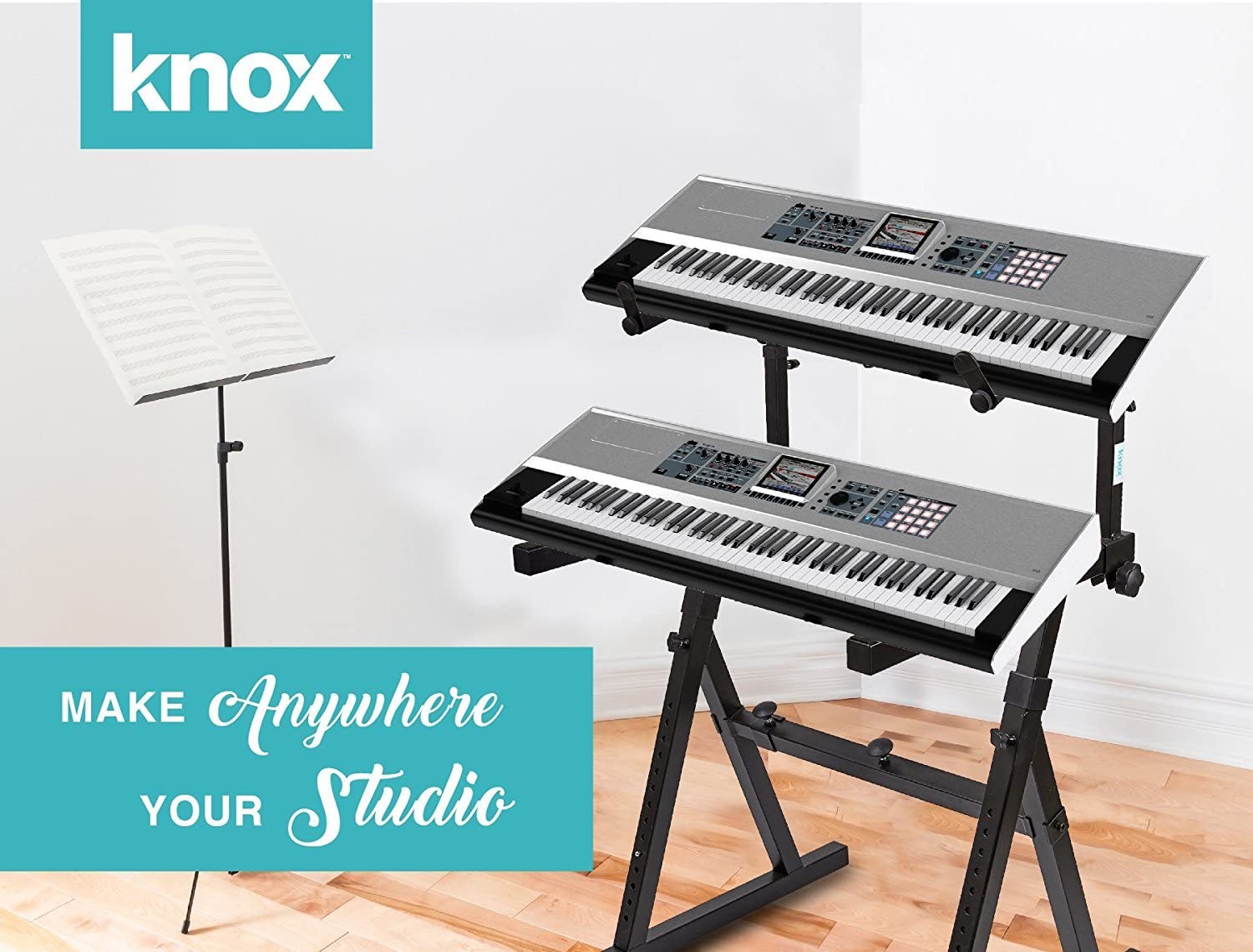 Knox Gear Z-Style Two Tier Electronic Keyboard Piano Stand (Version 2) Bundle (2 Items) - Sturdy Height & Width Adjustable Keyboard Stand - Professional Digital Keyboard Piano Stand or Synth Stand