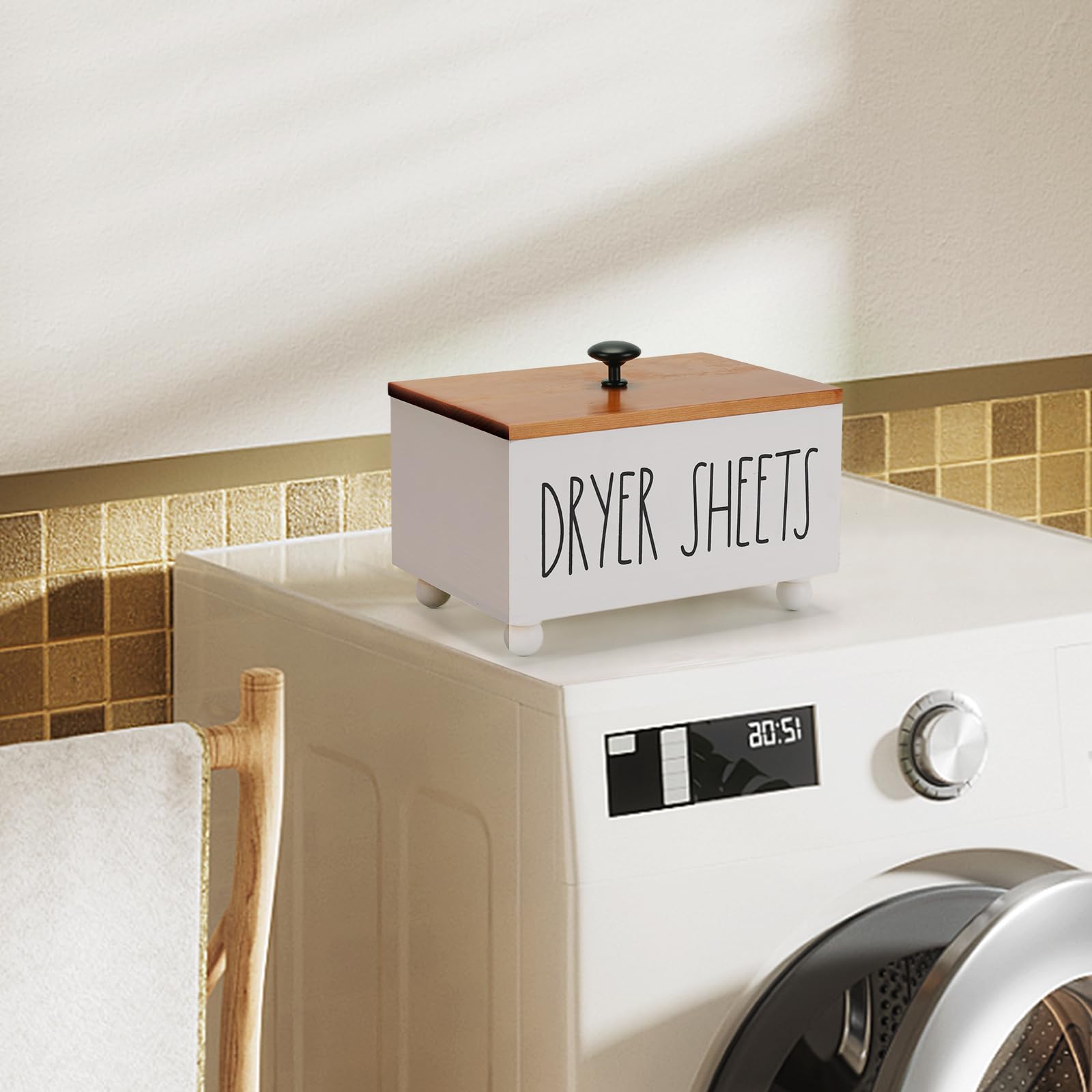 Eniffbaa Dryer Sheet Box with Lid, Dryer Sheet Holder Dispenser Container, Laundry Room Decor, Wood Box for Laundry Room Organization, Gift Storage Dryer Sheets, Fabric Sheet, Dryer Balls (Black)