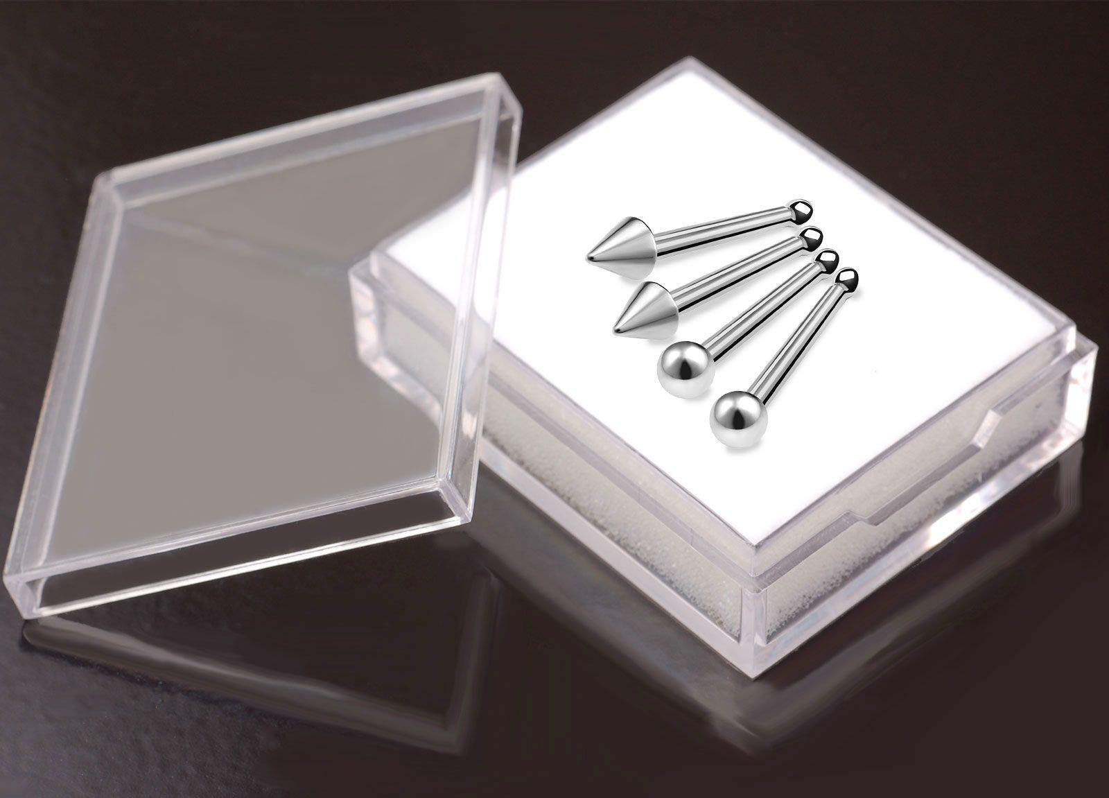 bodyjewellery 4pcs 20g 0.8mm Nose Stud Bone Straight Bar Nostril Ring Surgical Stainless Steel 2mm Cone Spike 2mm Ball