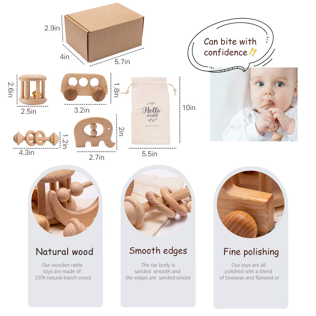 Organic Wooden Baby Rattle Toy Montessori Rattle Roller Waldorf Inspired Grasping Toddler Toys