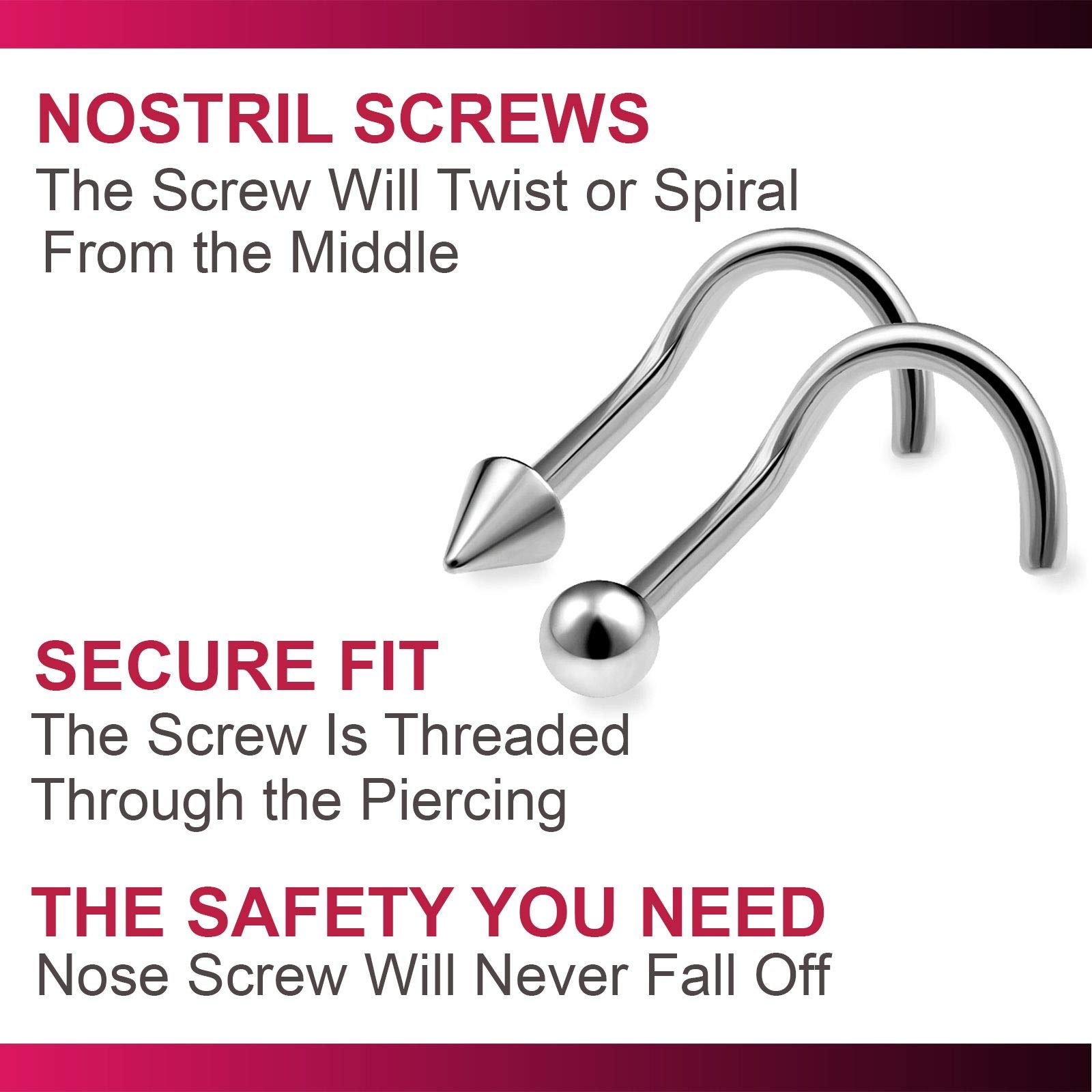 bodyjewellery 4pcs 20g 0.8mm Nose Screw Rings Nostril Stud Surgical Stainless Steel 2mm Cone Spike 2mm Ball