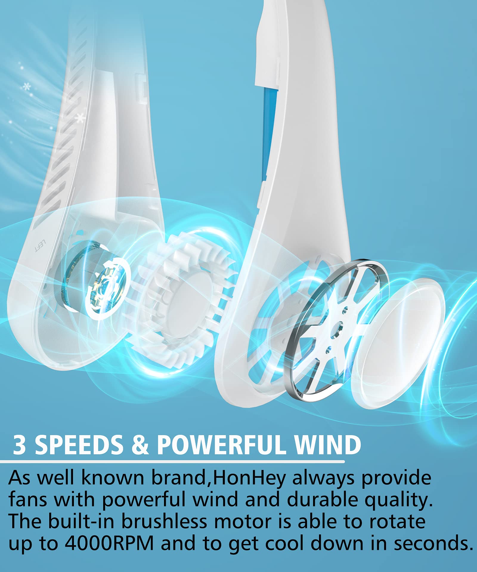 HonHey Personal Neck Fan, Bladeless Portable Neck Fan with 5000mAh Rechargeable Battery Operated and 3 Adjustable Speed, Adjustable Hands Free Fan, 360°Wearable Fan for Working/Outdoor/Travelling (GREEN)