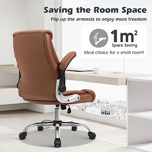 SEATZONE Executive Home Office Chair High Back PU Leather with Flip-up Armrests Adjustable Height and Lumbar Support, Comfortable Computer Chair for Adults, Red-Brown