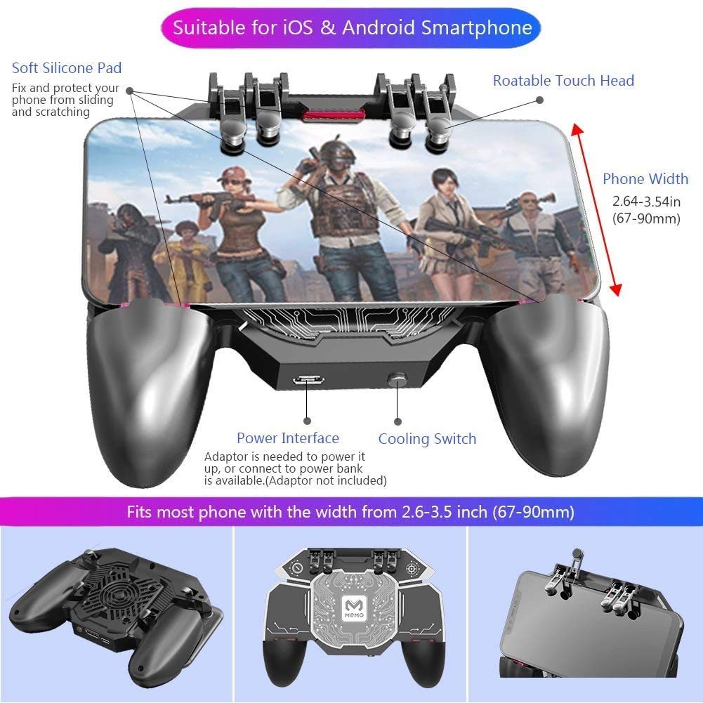 PUBG Mobile Controller Radiator Fast Cooling Phone Gamepad 4 Trigger 6 Finger Operation - L1R1/L2R2 for iPhone, Samsung, Oneplus, Pixel, compatible with CoD Warzone Mobile, Fortnite, Powered by USB C