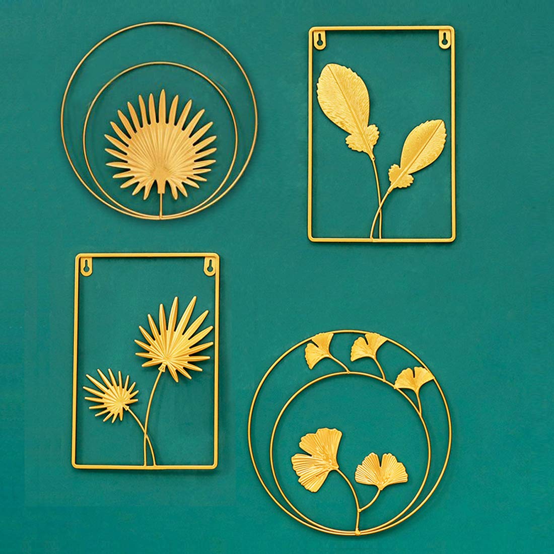 samanoya Iron Wall Sculptures,Metal Round Room Decor and Home Decor with Hanging Leaf Gingko Ornaments Great for Bedroom Hotel Wall Decoration (Gold(Round Square Suit))