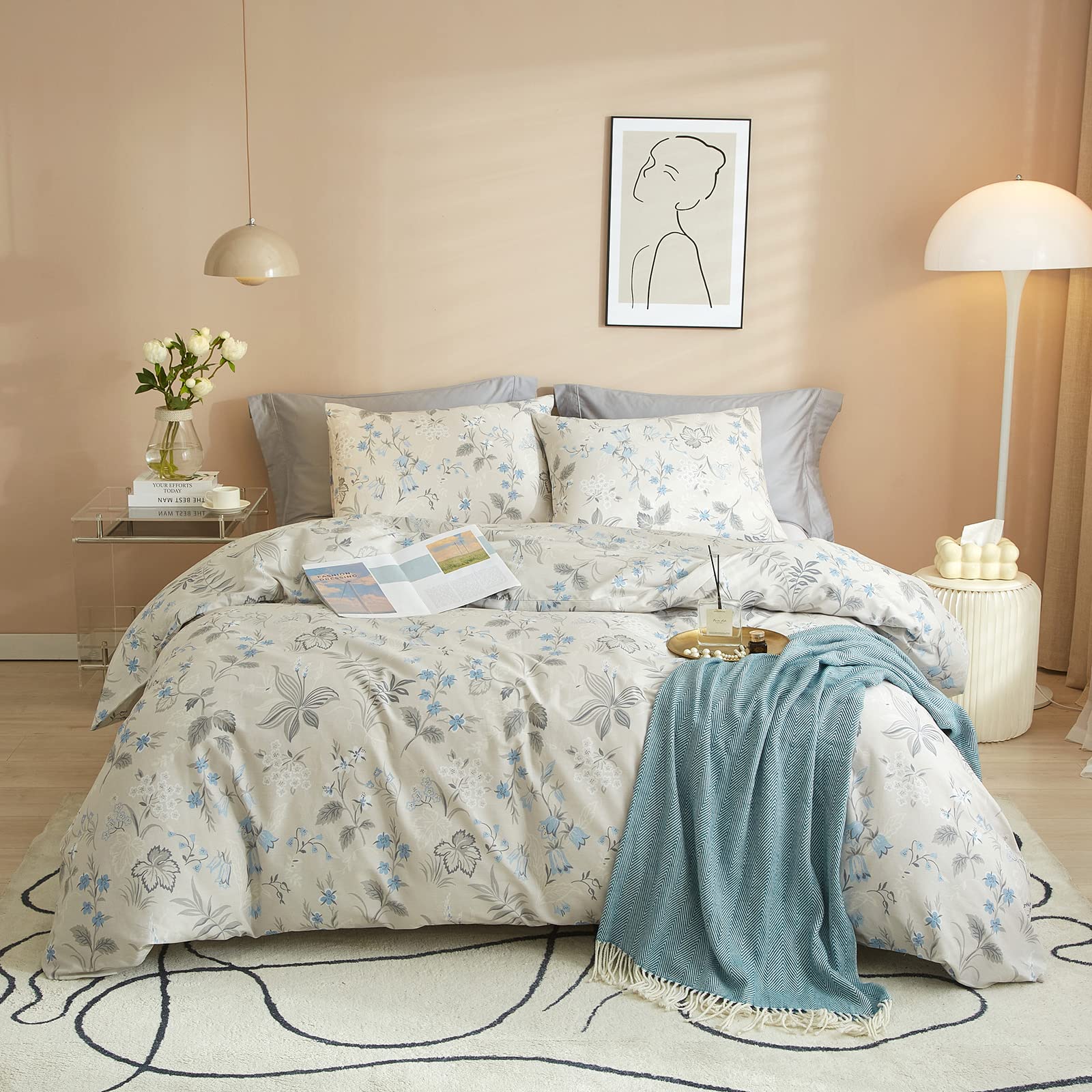ENJOYBRIDAL Floral Botanical Duvet Cover Queen 100% Cotton Soft Bedding Set Queen Garden Style Grey Leaves and Blue Flowers 3 Pieces Vintage Aesthetic Lightweight Duvet Cover Set, No Comforter