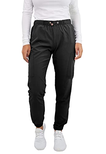 Green Town Women's Medical Nursing Jogger Slim Fit Scrub Pant GT Performance-Black-Small Petite