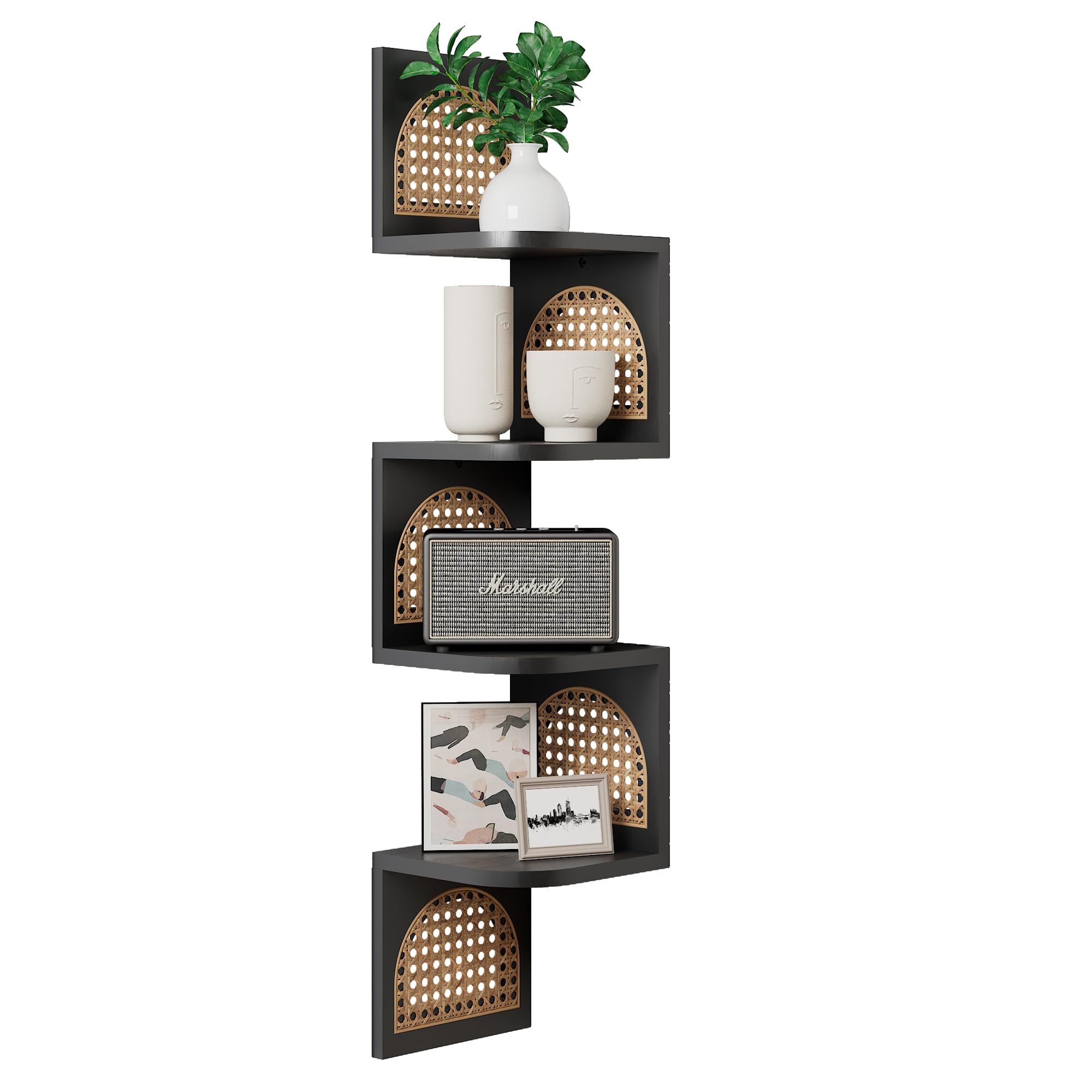 ENPKLUTE 4-Tier Corner Floating Shelves - Black Corner Shelf Wall Mounted, Rattan Wall Corner Shelf, Floating Corner Shelves for Wall, Zig Zag Corner Wall Shelf for Bedroom, Bathroom & Living Room