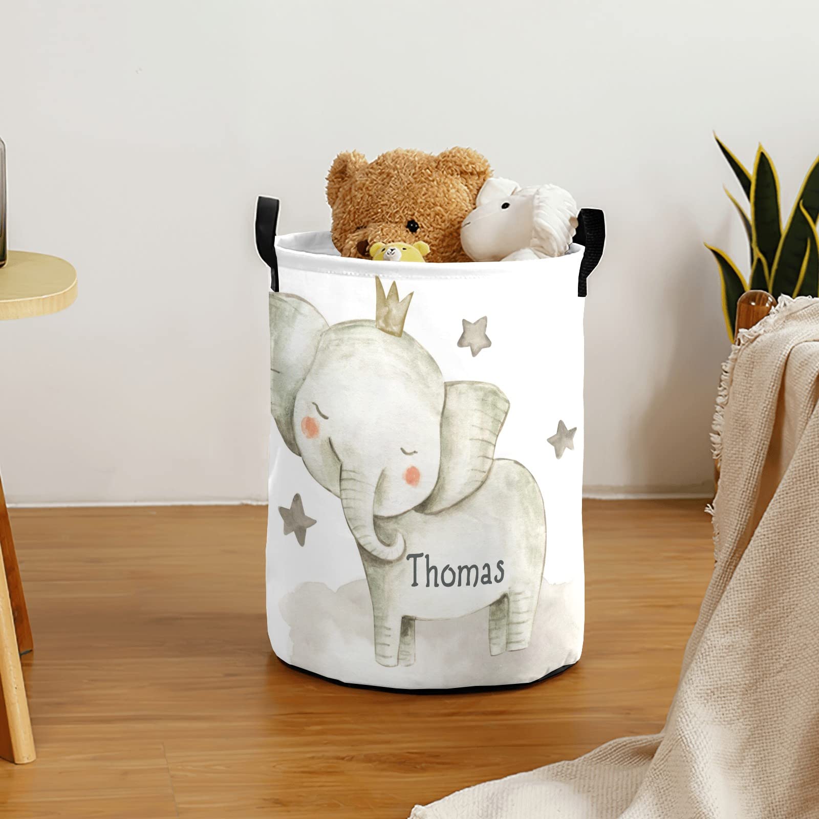 Cute Prince Elephant Personalized Laundry Hamper,Custom Name Collapsible Waterproof Laundry Basket Storage Bins with Handle for Clothes,Toy,Nursery