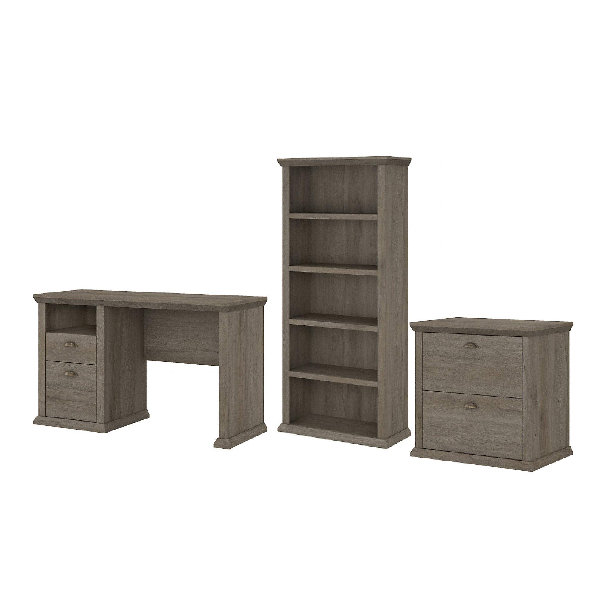 Bush Furniture Yorktown Home Office Desk with Lateral File Cabinet and 5 Shelf Bookcase, 50W, Restored Gray