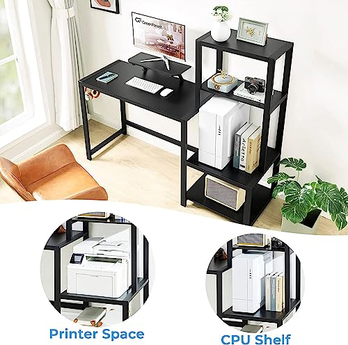 GreenForest Computer Desk 59 inch with Storage Printer Shelf Reversible Home Office Desk with Movable Monitor Stand and 2 Headphone Hooks for Study Writing PC Gaming Working, Black