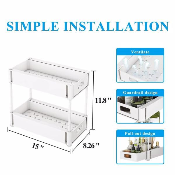 DAMGOLOZA 2 Pack Pull Out Under Sink Organizer, 2 Tier Multi Purpose For Bathroom Kitchen Sink Storage Organizer - White