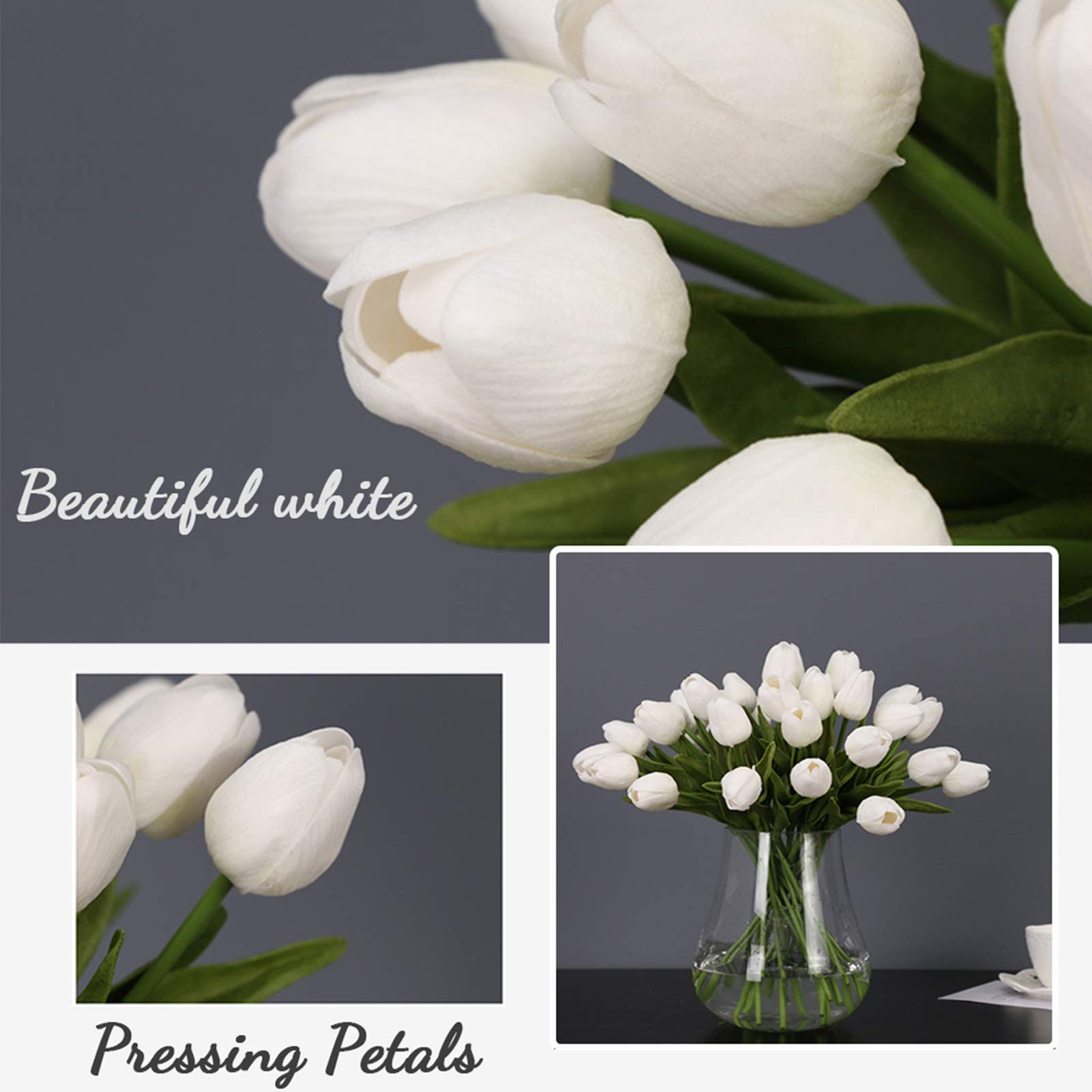 KOILLUXU Artificial Flowers 30pcs Bouquet 14" Tall Real Touch Tulips, White PU Fake Tulips Flowers for Arrangement Wedding Party or Easter Spring Home Centerpiece Dining Room Office Table Decoration