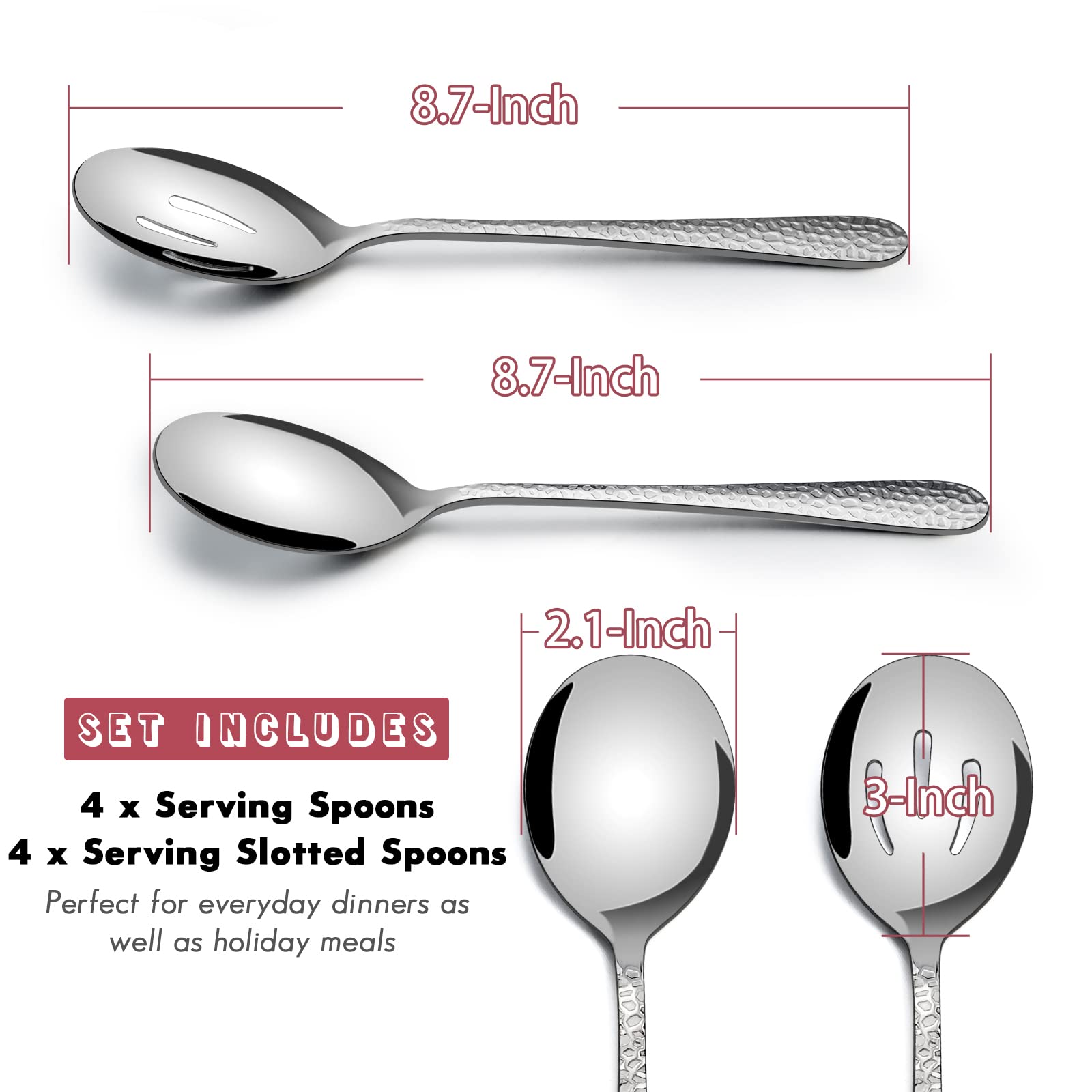 Hammered Serving Spoons, E-far 8-Piece Metal Serving Utensils Set - Solid Spoons x 4, Slotted Spoons x 4, Stainless Steel Hostess Serving Tablespoons Set for Catering Buffet Party Kitchen Restaurant
