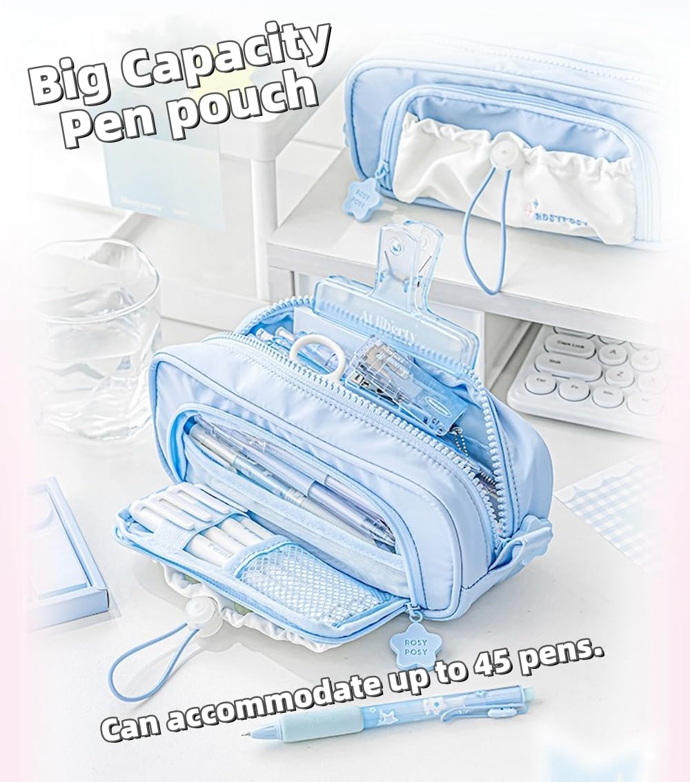 Cute Star Pencil Box Large Capacity Kawaii Drawstring Aesthetic Estuche Para Lapices (At seaside (Blue))