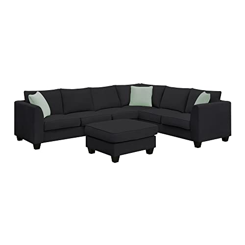 FIQHOME 7-Seat Reversible Chaise, L Shaped Ottoman, Living Room, Modular Sectional Fabric Sofa Corner Couch Set with 3 Pillows, Black