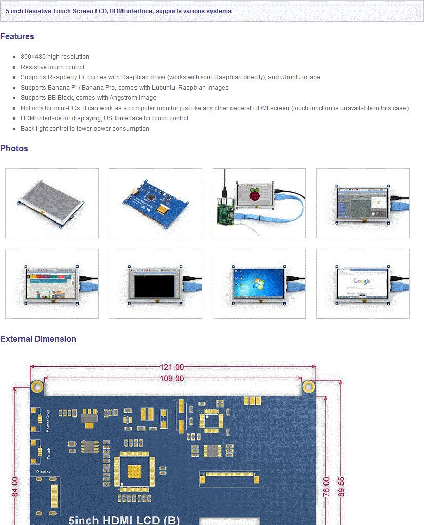 Waveshare 5inch TFT Resistive Touch Screen Display Module HDMI Interface for Rapsberry Pi 5/4/ A/A+/B/B+/2 B/3 B & Banana pi & Beaglebone Black Provide Images Supports Various System