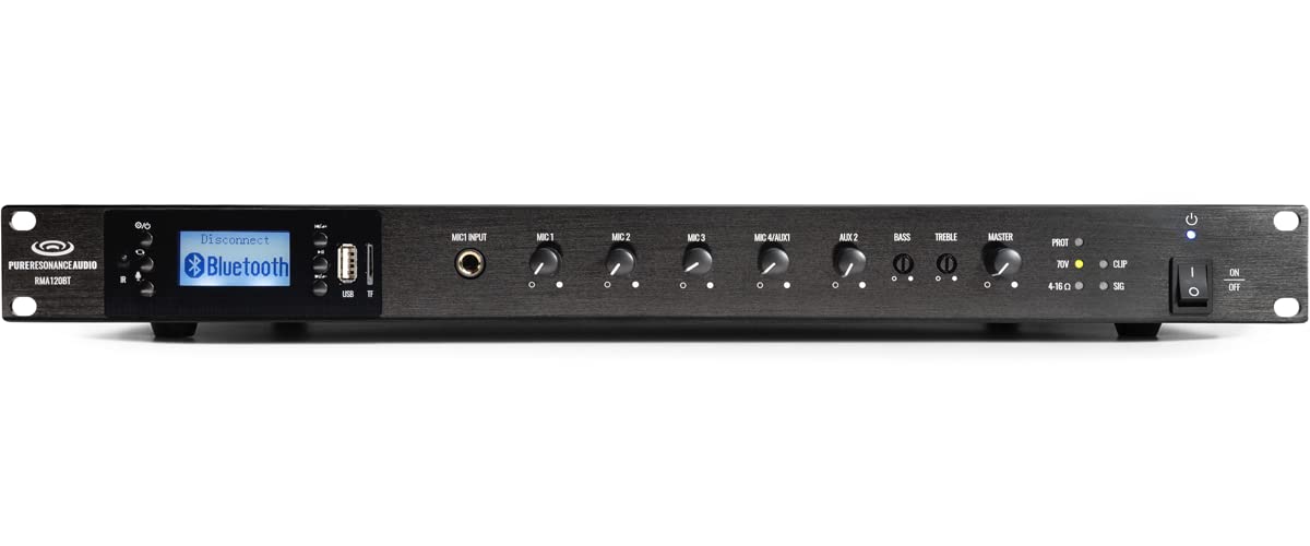 Pure Resonance Audio RMA120BT 120 Watt 5-Channel Rack Mount Commercial Mixer Amplifier with Bluetooth (70V or 4-16 ohm Outputs)