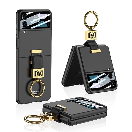 Phone flip case Slim Case Compatible with Samsung Galaxy Z Flip 3 Case with Outer Screen Protector Case,Thin Hard PC Case Fashion Protective Case with Built-in Metal Ring Phone Cover (Color : Black)