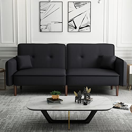 FIQHOME Loveseat, Convertible Sleeper Magazine Bag,Futon Sofa Bed with Solid Wood Leg in Black Fabric for Living Room Bedroom Dorm Apartment Studio