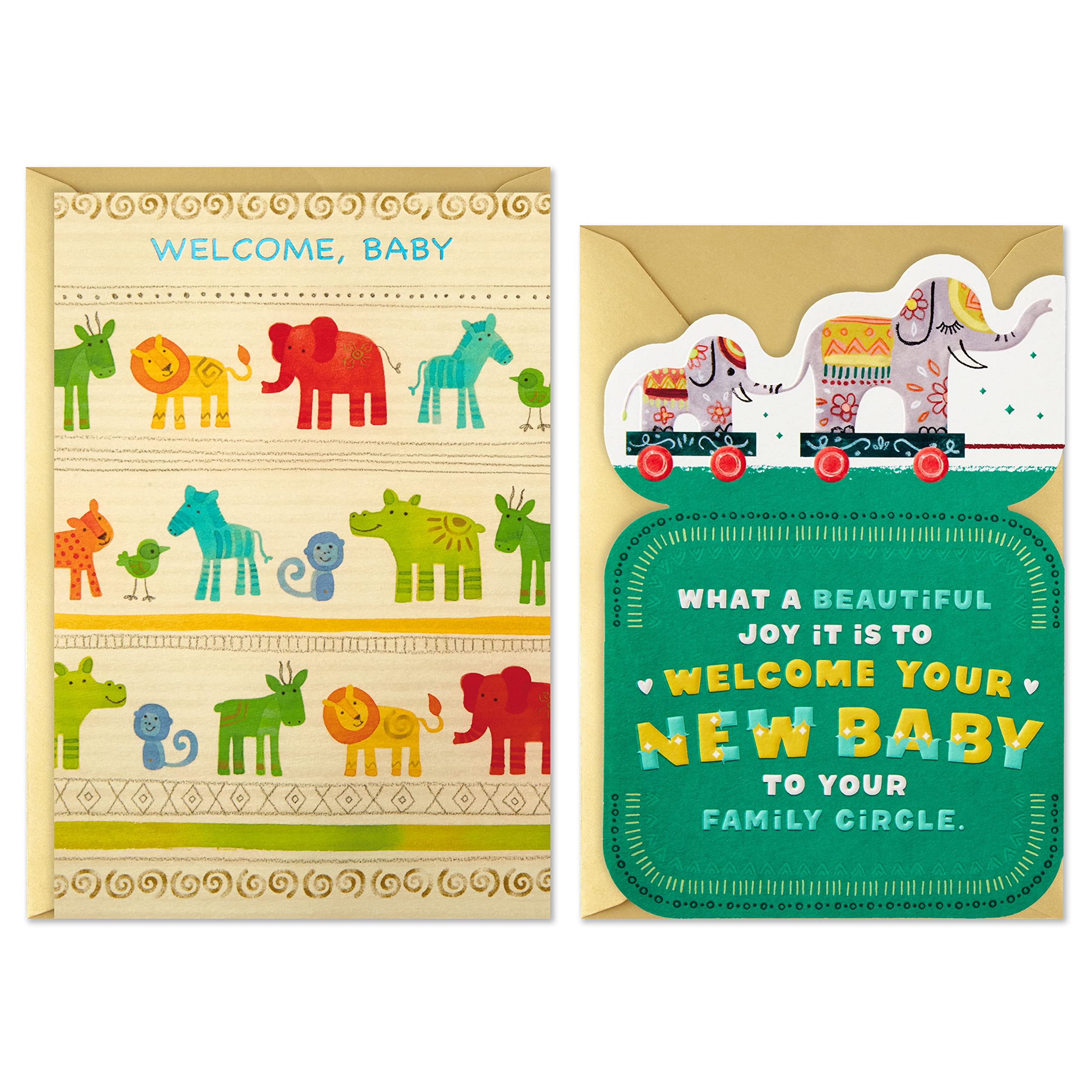 Hallmark Golden Thread Pack of 2 Baby Shower Cards (Elephants, Safari Animals) (899RZP1401)