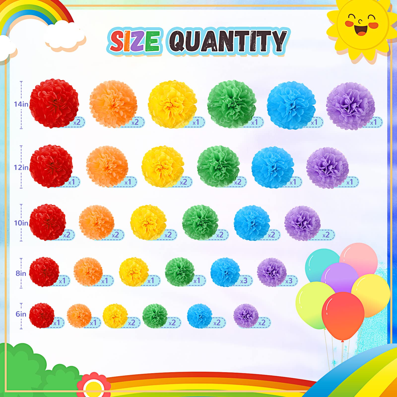 Estune 48 Pcs Tissue Paper Pom Poms 14''/ 12''/ 10''/ 8''/ 6'' Tissue Paper Flowers Decorations for Wedding Birthday Bridal Shower Baby Shower Decor (Rainbow)