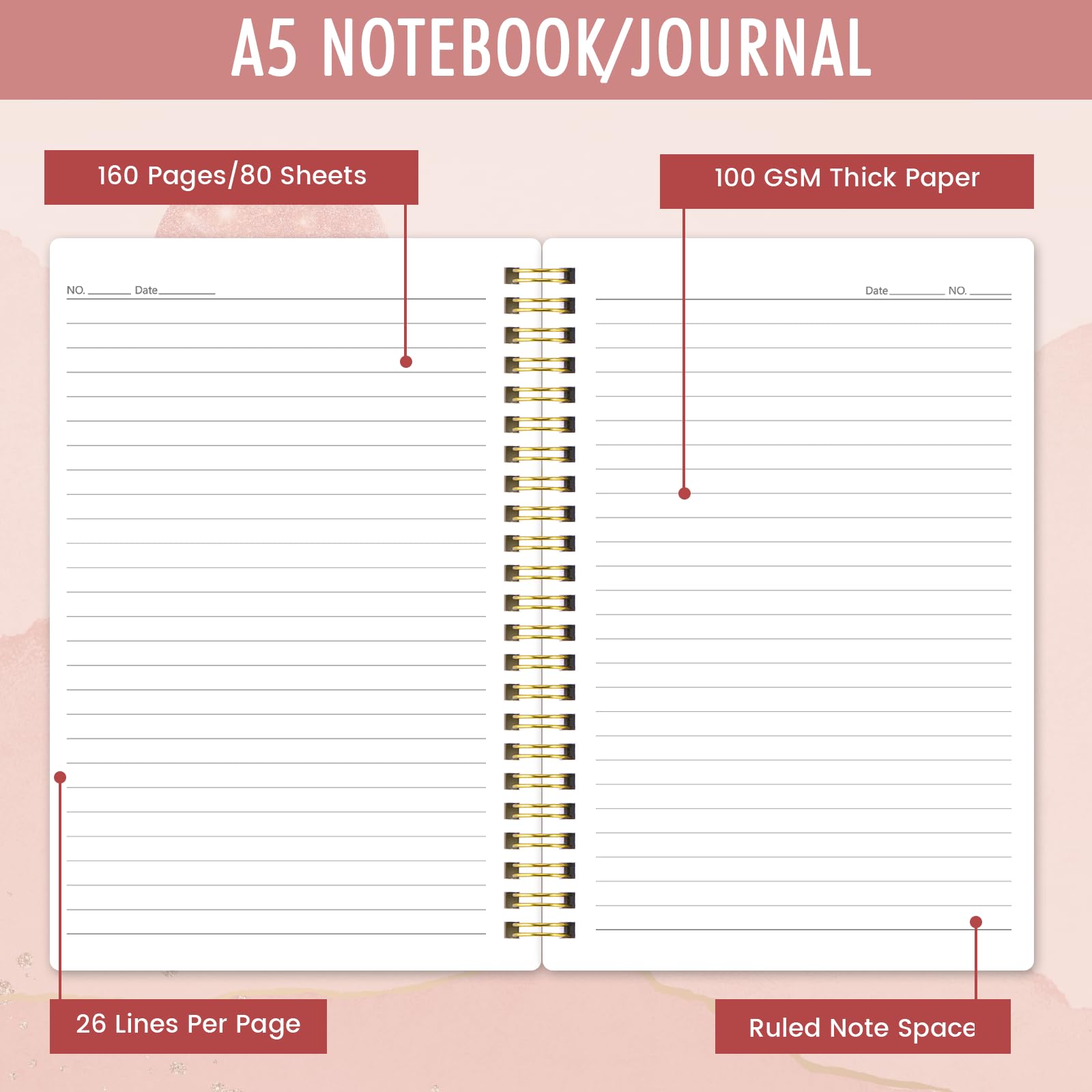Bushypushy Spiral Notebook - 3 Pack A5 Lined Notebook Journal for Women, Spiral Journal 5.7" x 8.4", 160 Pages, College Ruled Writing Notebook with Back Pocket, 100gsm Paper, for Office & School