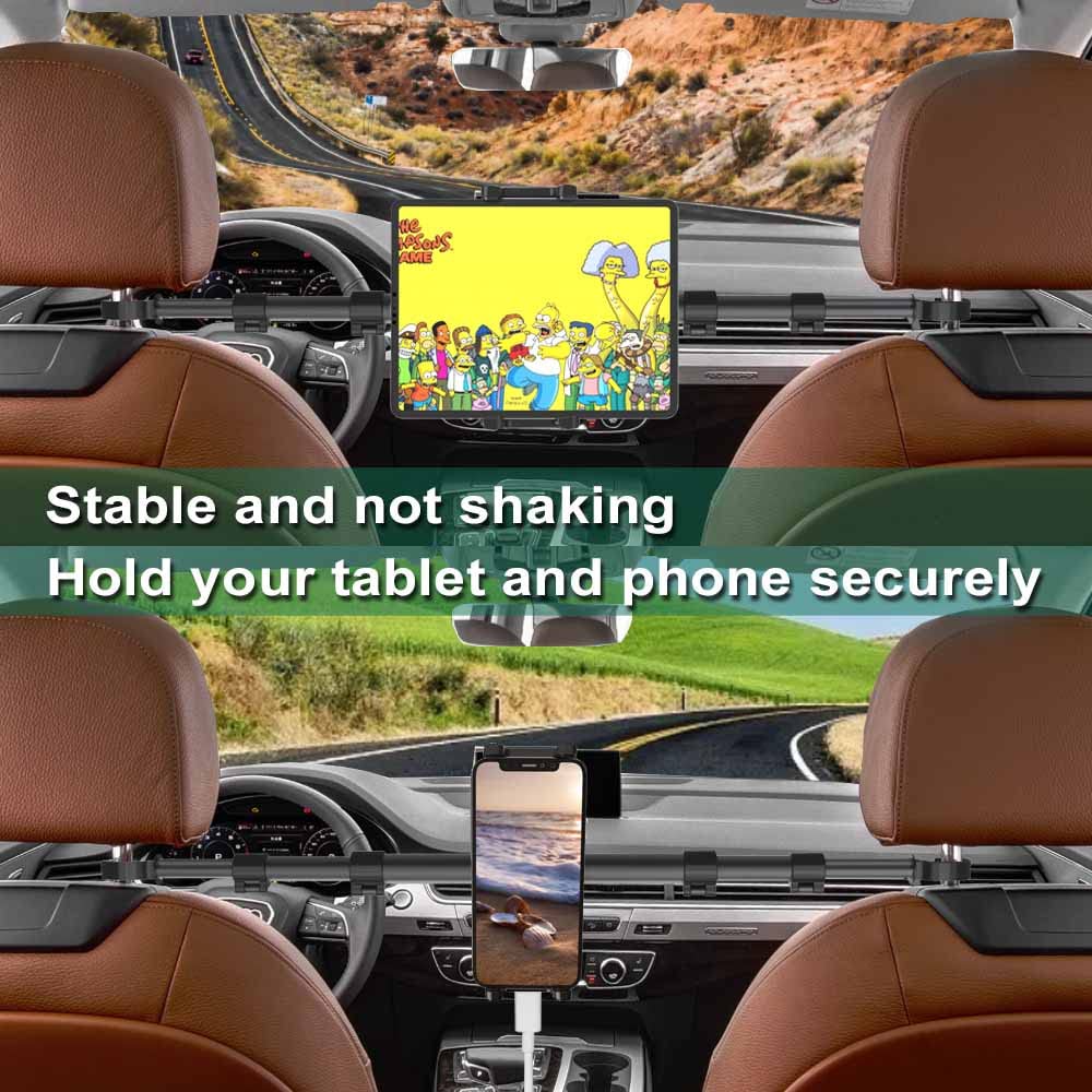Cuxwill Car Headrest Tablet Holder Mount for 4-13'' Device, 32.7" Stretchable Aluminum Arm Between Back Seat Kids Stand for iPad Pro Air Mini, Galaxy Z Huawei Tab, Kindle Fire, MediaPad, Smartphone