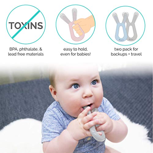Baby Molar Teether | ZoLi Bunny Baby Teething Toy, Gum Massaging Molar Gums Relief, Easy to Hold and chew, BPA, Phthalate, and Toxin Free teether, Blush Pink + ash Grey (Pack of 2)