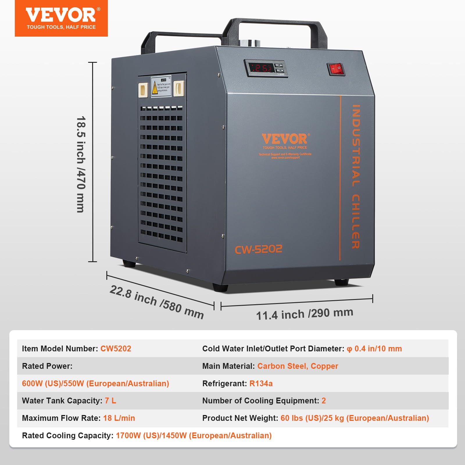 CW-5202 Industrial Water Chiller, 2.28HP 4.75gpm Cooling System with Built-in Compressor 7L Water Tank Capacity, for 40w-180w CO2 Laser Engraving & Cutting Machines