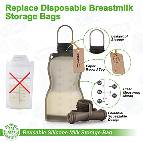 haakaa Silicone Breast Milk Storing Bag(9 oz,5pk)- Reusable Breastmilk Storage Freezer Bag for Breastfeeding Mom - Self Feeding Baby Food Pouch Container Leakproof