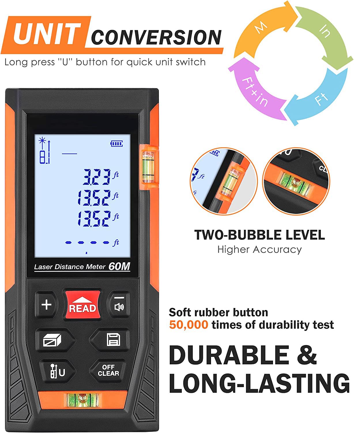 Classic Laser Measure,Digital Laser Measure w/2 Bubble Levels, M/in/Ft/Ft+in Unit Change, Large Backlit LCD, IP54 Shockproof & Waterproof, Live Measuring, Area, Volume, Pythagoras