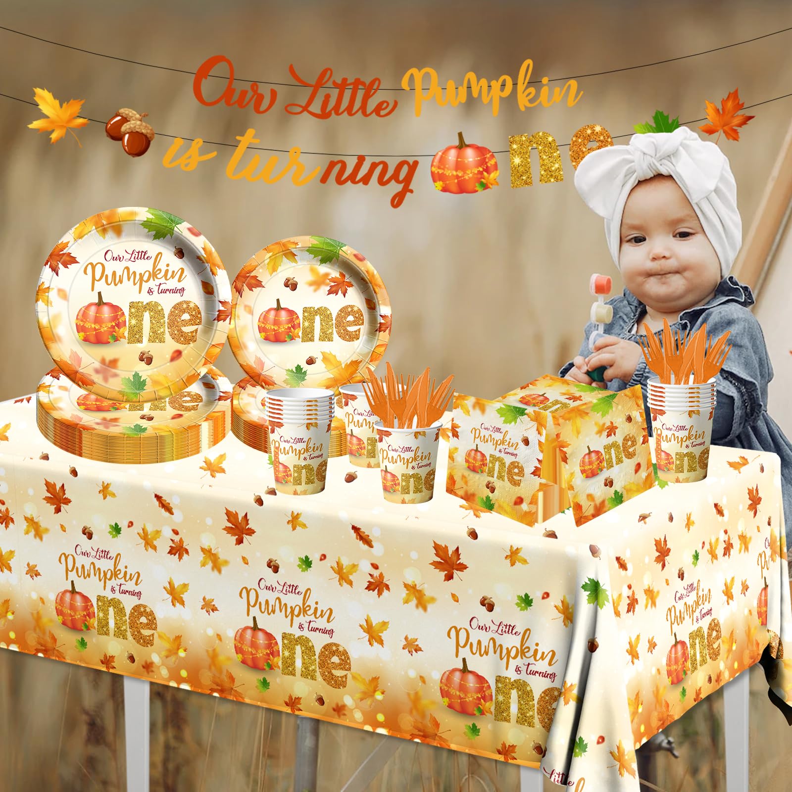 Dydamud Our Little Pumpkin is Turning One Decorations,143Pcs Little Pumpkin 1st Birthday Tableware Maple Leaf Fall Baby Shower Plates and Napkins for Thanksgiving Pumpkin First birthday Supplies