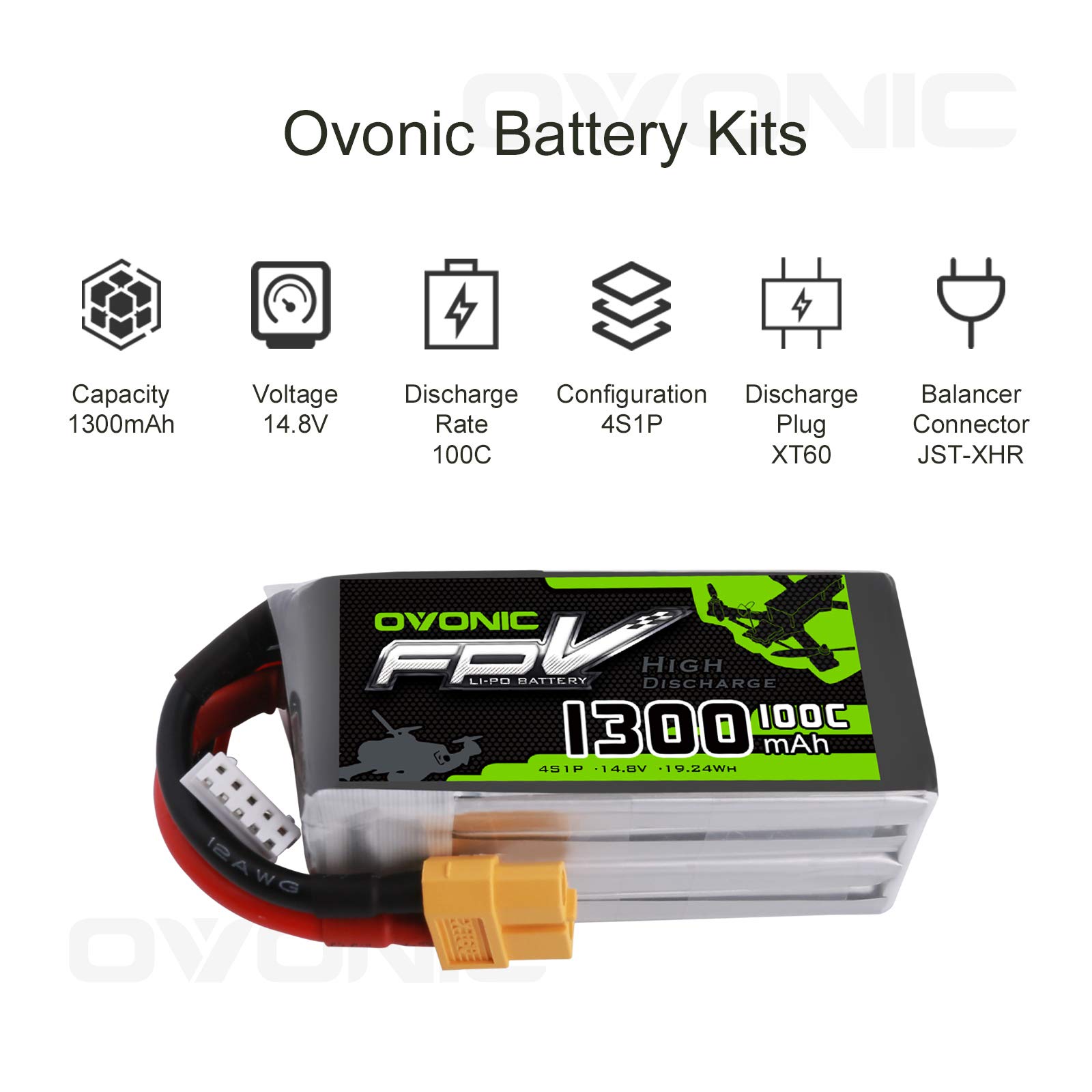 OVONIC 4S Lipo Battery 1300mAh 100C 14.8V Lipo with XT60 Plug for FPV Racing RC Quadcopter Helicopter Airplane Multi-Motor Hobby DIY Parts