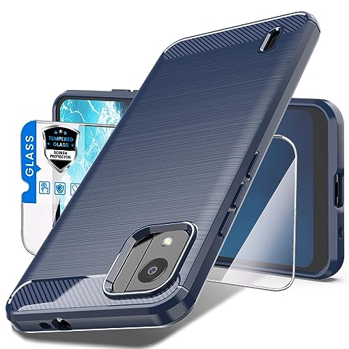 Dretal for Nokia C110 Case with Tempered Glass Screen Protector, Shock-Absorption Brushed Flexible Soft TPU Carbon Fiber Protective Cover for Nokia C110 (Navy)