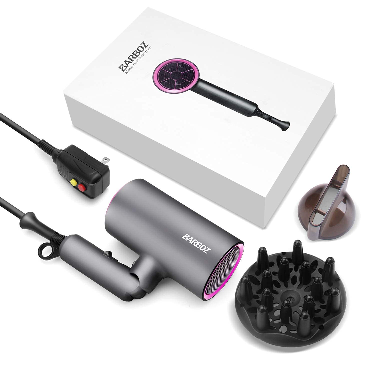 BARBOZ Hair Dryer , Powerful Home Lonic Hair Blow Dryer for Fast Drying , Foldable Hair Blower with Hot,Warm,Cold Settings and Contains Concentrator and Diffuser , Low Noise , Lightweight