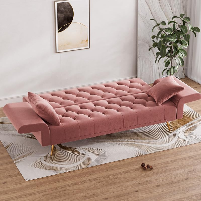 DAMAIFROM 71" Velvet Couch, Futon Sofa Bed, Sleeper Sofa with Adjustable Back, Loveseat,Mid Century Modern Couches with Folding Armrests for Living Room, Bedroom,Small Spaces (Rose Pink)