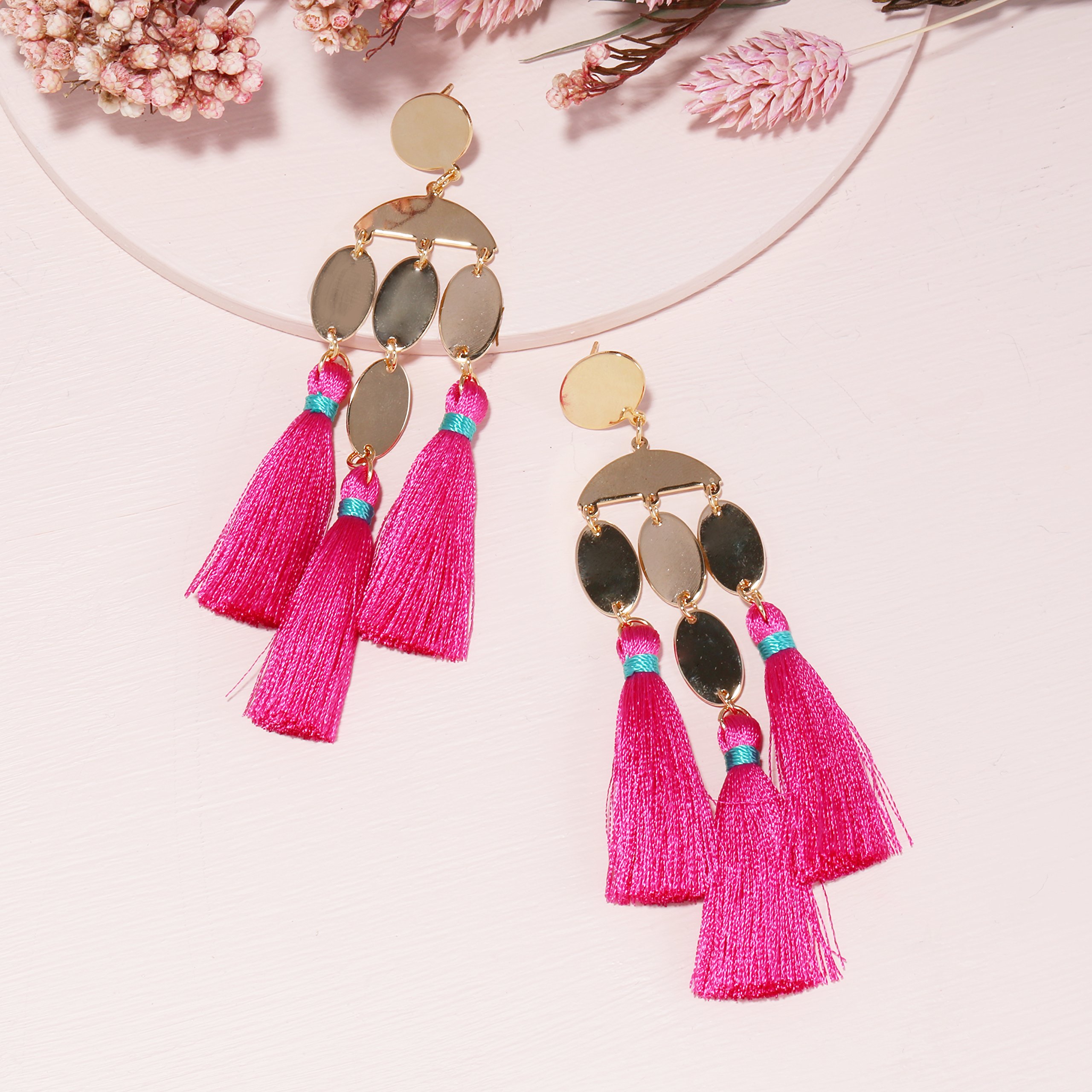 Boho Chic Geomeric Metal with Dangled Color Tassel Long Statement Earrings
