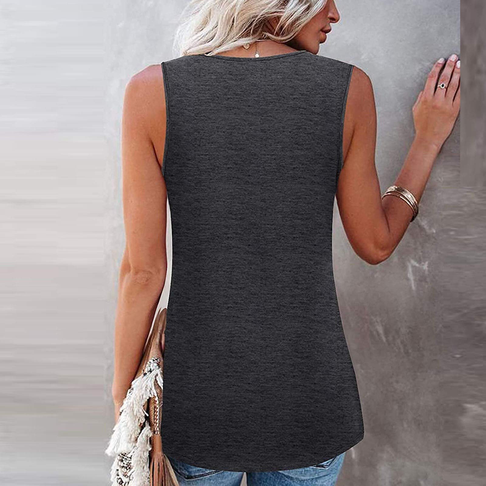 Padaleks Women's Summer Round Neck Tank Tops Flowy Sleeveless Shirts Casual Loose Lace Solid Color Tunic Blouses