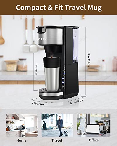 Single Serve Coffee Maker K Cup & Ground Coffee, One Cup Brews 6-14 Oz in 2 Mins, Fits Travel Mugs, with 30 Oz Removable Water Tank, Reuseable Filter, Black
