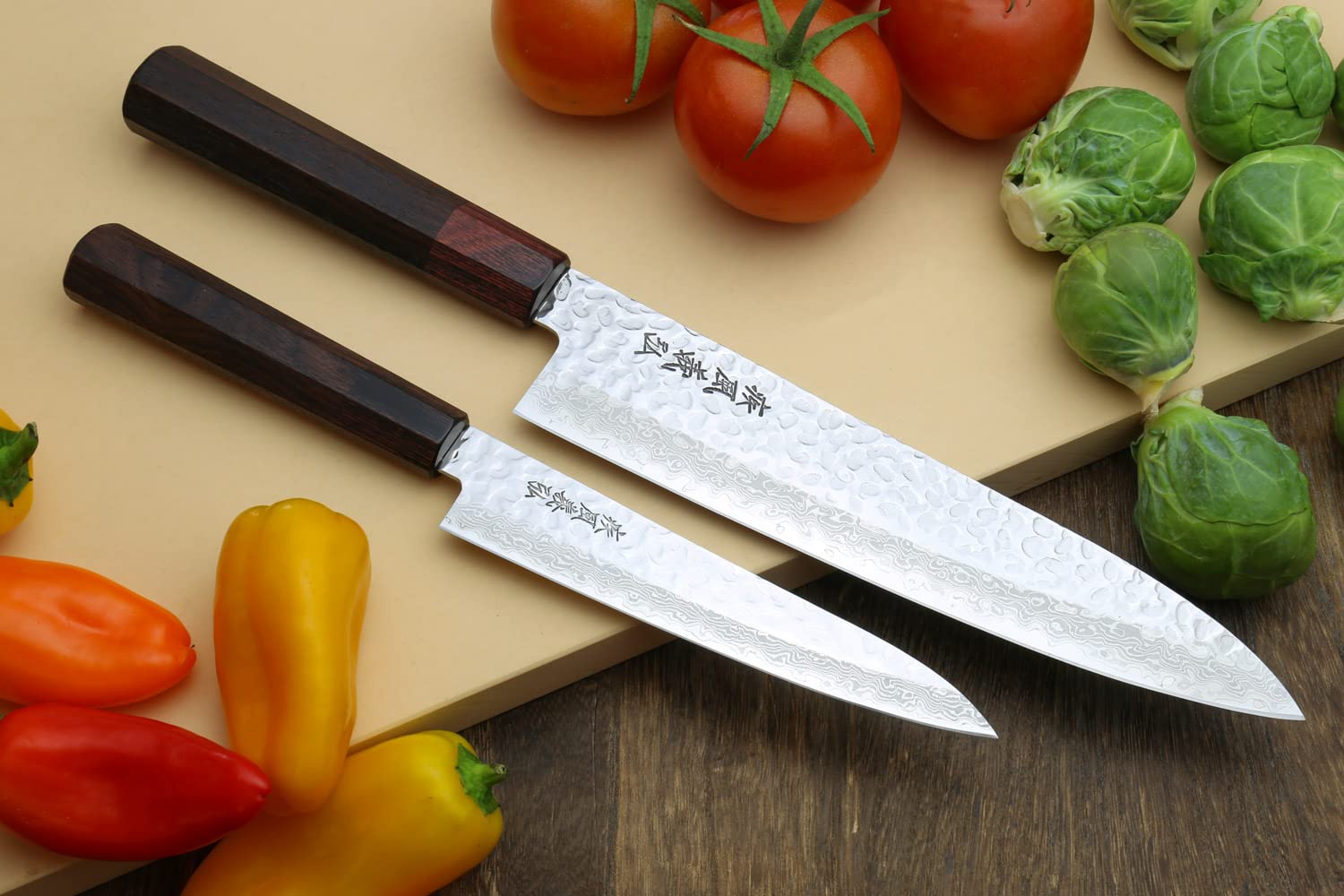 Yoshihiro 46 Layers Hammered Damascus Gyuto Chef Knife and Petty Utility Knife SET (Gyuto 8.25'' (210mm) & Petty 6'' (150mm), Rosewood Handle)