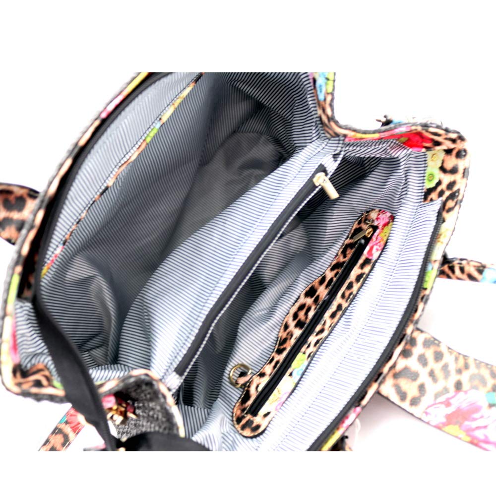 Boho Flower Leopard Print Summer Woven Straw Crossbody Satchel Tote Wallet Set (Leopard Flower Print Tote Set - Taupe)