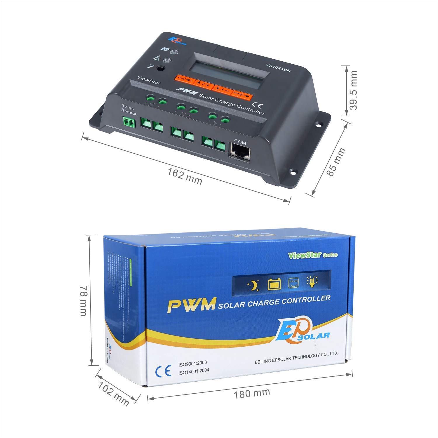 EPEVER 10a Charge Controller 12V/24V Auto Work, ViewStart Series PWM Solar Panel Solar Charge Controller, Common Negative Grounding VS1024BN