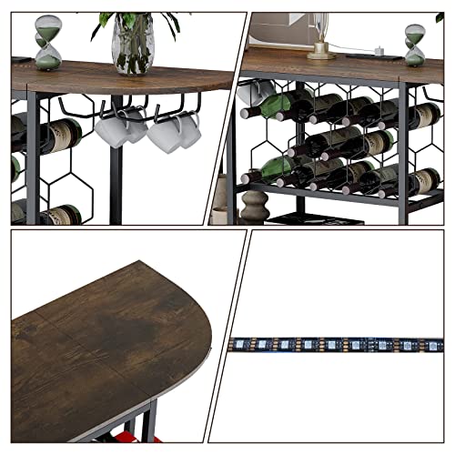 Logianis Wine Rack Table with Outlet and LED Light 47.3 Inch FreeStanding Wine Bar Rack Wooden Rustic Wine Storage with Wine Shelf and Glass Holder Wine Bar Cabinet Rustic Brown