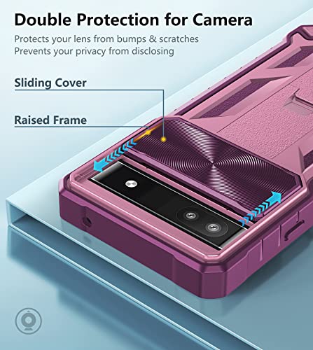 FNTCASE for Google Pixel 6a Case: Military Drop Proof Protection Rugged Protective Pixel 6A 5G Cell Phone Cover with Kickstand & Slide | Shockproof TPU Matte Textured Hybrid Bumper - Pink Purple