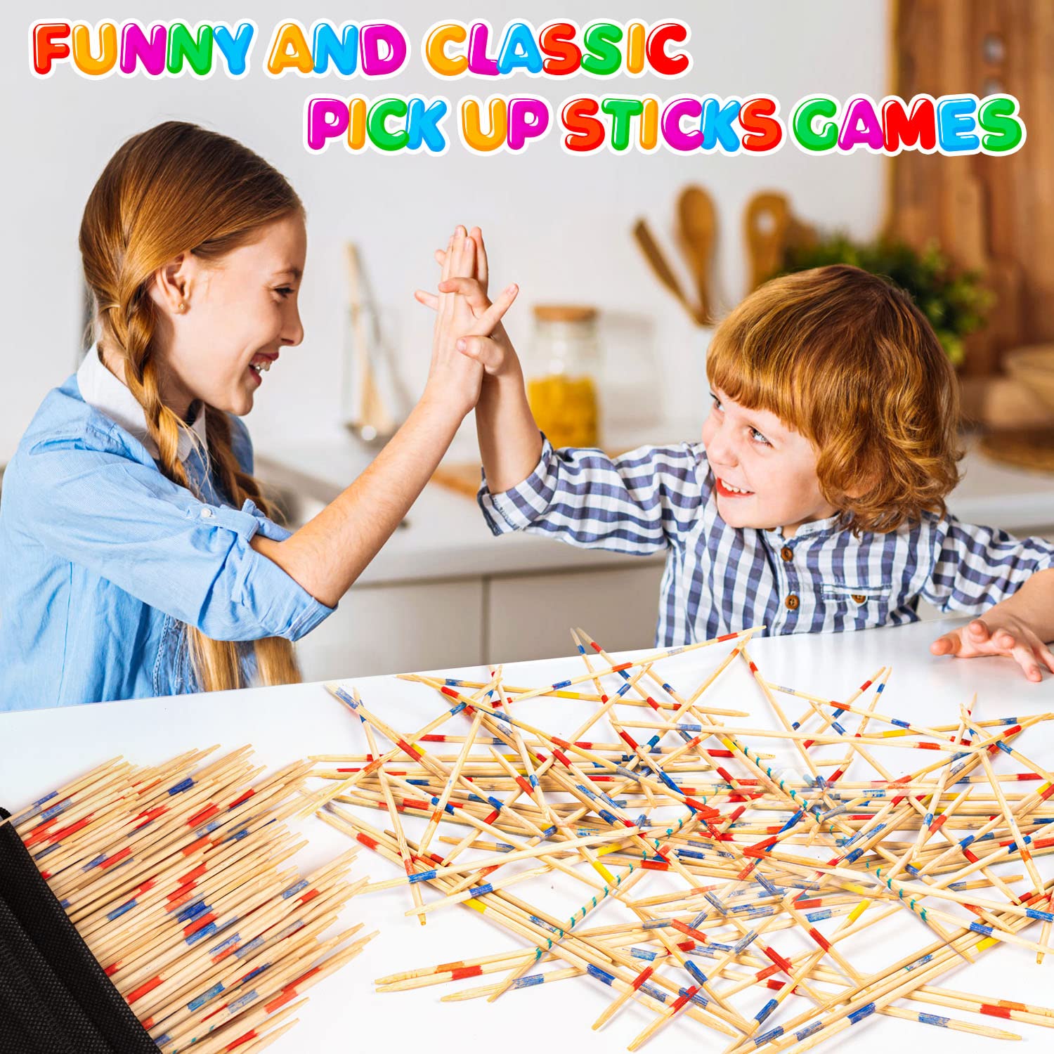 CLESDF Pick Up Sticks for Kids, 290pcs Classic Wooden Pickup Sticks Game Toys with 1 Black Bag for Family Fun Game Gift