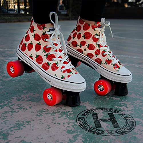 HASERD Roller Skates for Women with Bags- Adjustable Double Row Canvas Roller Skates for Girls Strawberry and Pineapple Themed Design- Quad Wheel High Top Canvas Sneaker Style (Strawberry, 8.5)