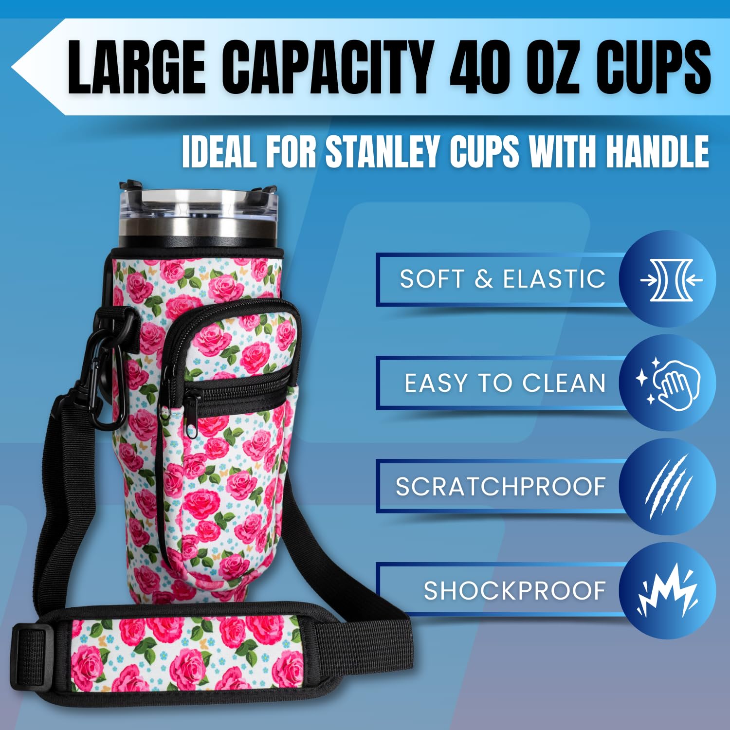 BUTSYCOL Water Bottle Bag with Strap, Stanley 40 oz Tumbler with Handle Accessories, Stanley Holder with Strap and Pouch Sleeve for Gym, Stanley Cup Accessories 40 oz (American Flag)