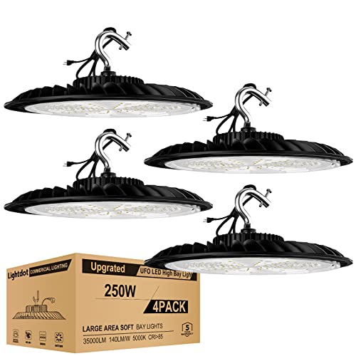 Lightdot 4Pack 250W LED High Bay Light 35000lm (Eqv.1000W MH/HPS) Commercial Bay Lighting, 5000K Daylight LED UFO High Bay with US Plug for Garage/Barn, Energy Saving Upto 1840KW*4/Y(5Hrs/Day)