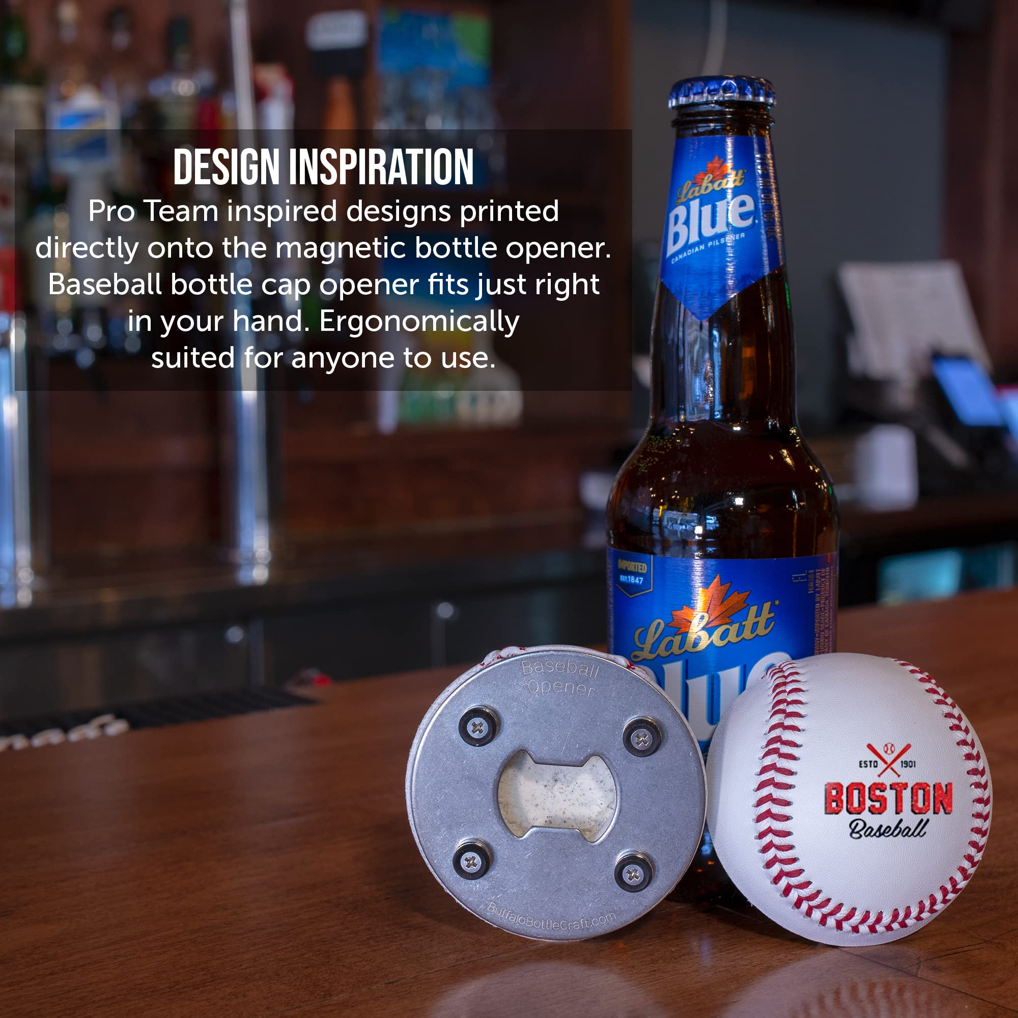 Buffalo BottleCraft Boston Bottle Opener, Made from a real Baseball, The BaseballOpener, Cap Catcher, Fridge Magnet